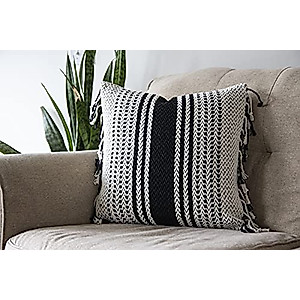 Foreside Home & Garden Black Striped Woven 18x18 Cotton Decorative Throw Pillow with Hand Tied Fringe, 18 x 18 x 5