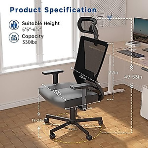Dripex Ergonomic Office Chair, High Back Desk Chair, Computer Mesh Chair with Lumbar Support, Adjustable Headrest & 2D Armrest, 90°-135°Tilt Function, 360° Swivel Home Office Task Chair, Black