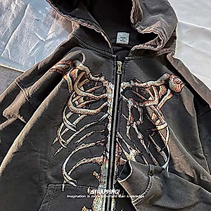 MLAFE Gothic Hooded Sweater Retro Bone Print Hooded Sweater Y2K Hooded Sweater Grunge Hooded Sweater Harajuku Hooded Sweater (L)