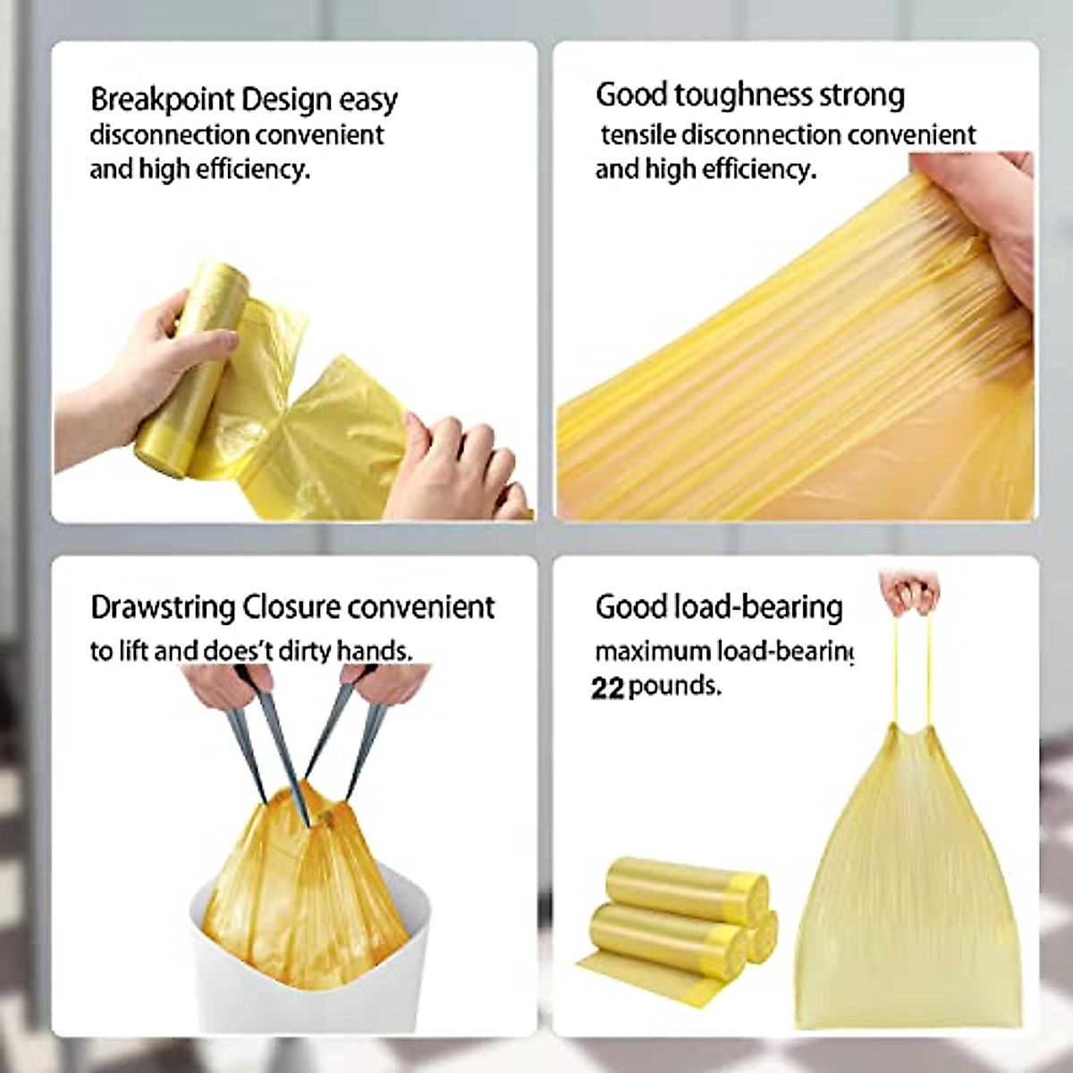 DDSColour 4 Gallon Small Trash Bags Drawstring,for Kitchen Bathroom Yard Office Car Unscented Plastic Yellow Trash bags, Fit 10-13 Liter Trong Small Drawstring Trash Bags Can Bin Liners 75 Count