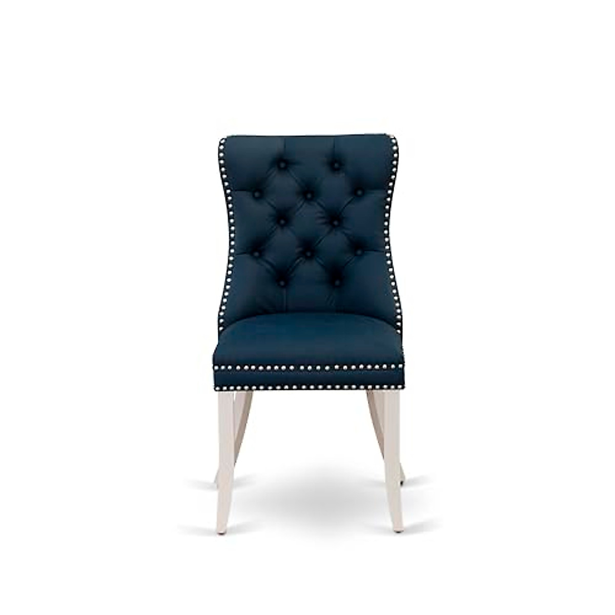 East West Furniture DAP2F29 Dallas Parson Chairs - Button Tufted Nailhead Navy Blue Polyester Fabric Padded Dining Chairs, Set of 2, Linen White