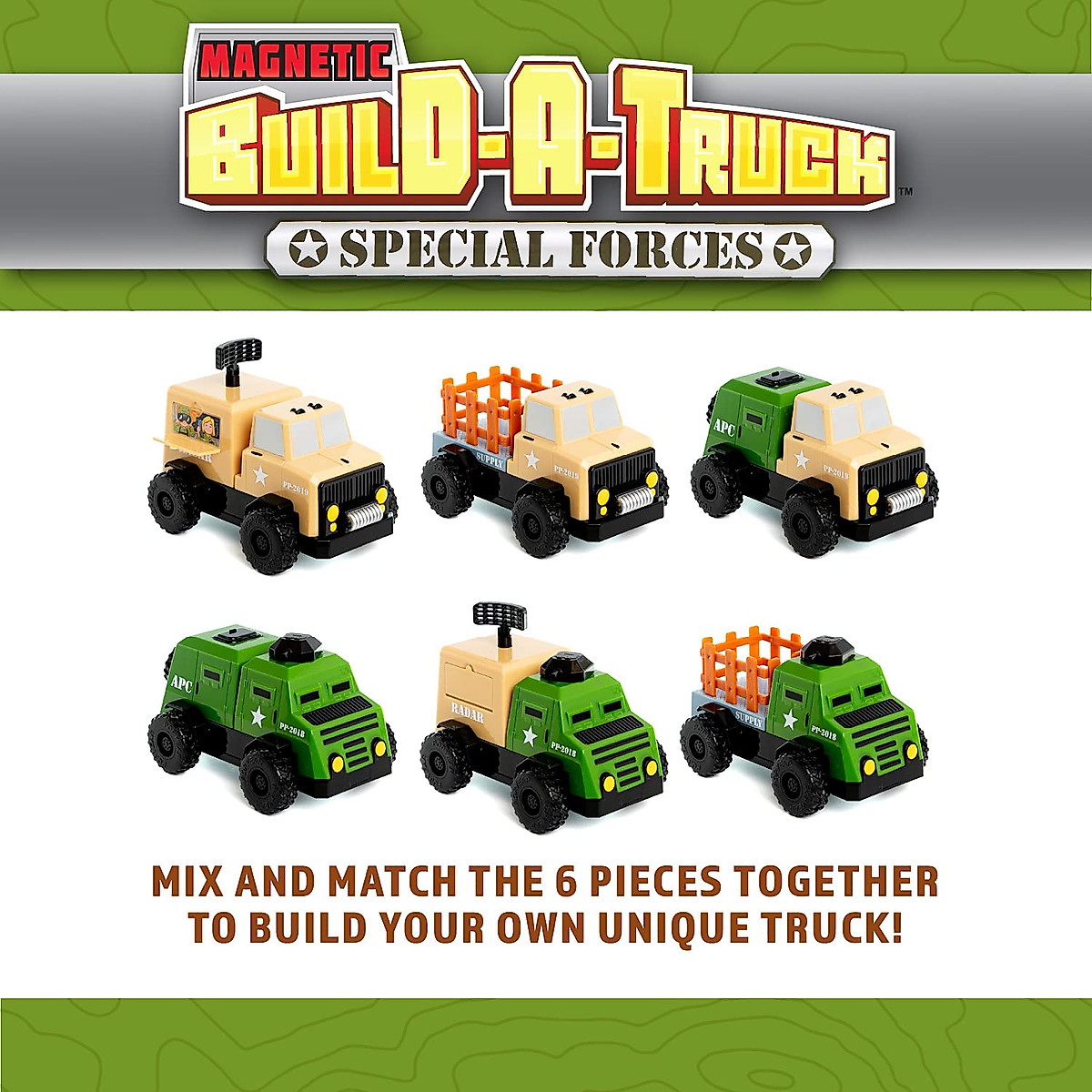 POPULAR PLAYTHINGS Magnetic Build A Truck Special Forces Toy Play Set, 5 Piece Mix and Match Vehicles, Racecar Party Favors and Cars Goodie Bag Fillers