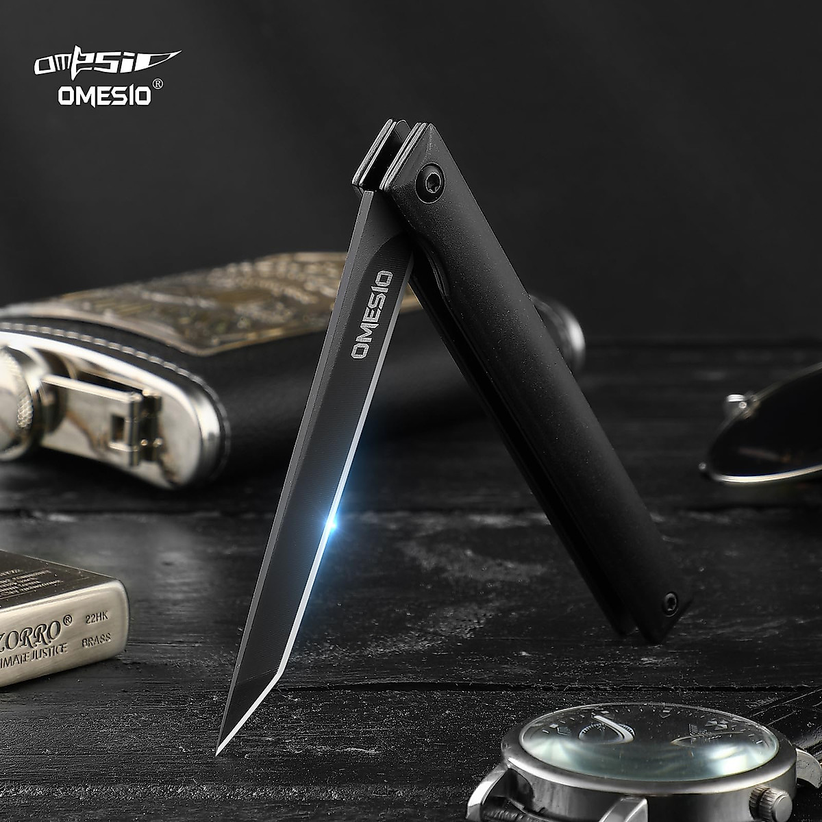 Omesio Slim Pocket Folding Knife, Tanto Folding Knife with Clip and Sheath, EDC Gentleman's Knife with Liner Lock, Flipper Open for Outdoor Camping and Survival, as Gifts for Men Women, Black