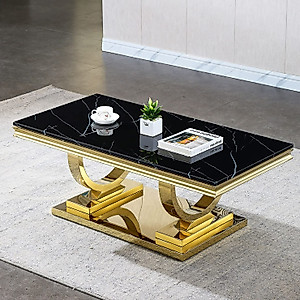 47" Rectangular Marble Coffee Table, Modern Luxury Living Room Center Table, Mid-Century Elegant Black Faux Marble Cocktail Table with O-Shape Gold Mirrored Stainless Steel Pedestal Base