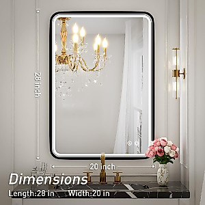 FTOTI 20X28 Inch LED Bathroom Mirror with Lights,Wall Mounted Lighted Mirrors with Non-Rusting Black Metal Frame Anti-Fog Memory Funtion Stepless Dimmable,6000K(Horizontal&Vertical)