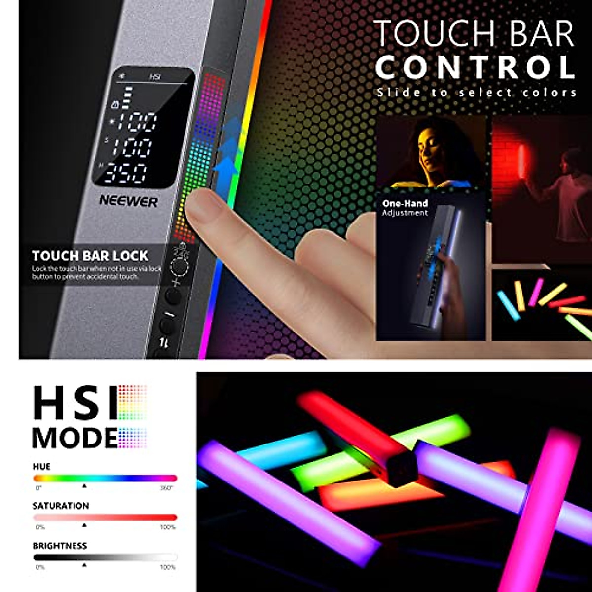 NEEWER RGB LED Video Light Stick, Touch Bar & APP Control, Magnetic Handheld Photography Light, Dimmable 3200K~5600K CRI98+ Full-Color LED Light with 6400mAh Built-in Battery, 17 Light Scenes - RGB1
