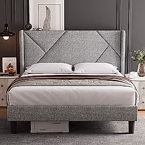 iPormis Queen Size Platform Bed Frame with Headboard, Upholstered Bed Frame with Solid Wood Slats, 8" Storage Space, No Box Spring Needed, Easy Assembly, Light Grey