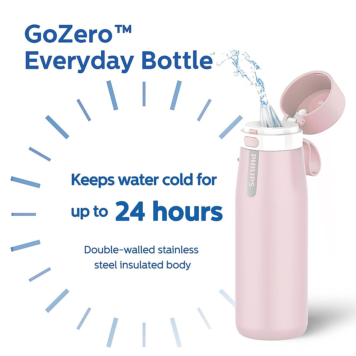 PHILIPS Insulated Stainless Steel Filtered Water Bottle, Replaces 450 Plastic Bottles with 3 GoZero Everyday Water Filters, BPA-Free, Keeps Cold/Hot, 18.6oz Pink