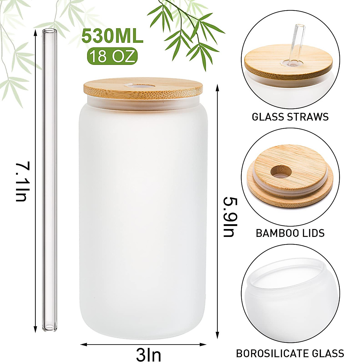 WUWEOT 6 Pack Sublimation Glass Cans, 18 Oz Frosted Sublimation Blanks, Reusable Wide Mouth Mason Jar Tumbler Cups, Beer Can Shaped Glass with Straw and Brush for Iced Coffee, Juice, Soda