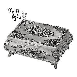 ELLDOO Vintage Music Box, Silver Metal Musical Jewelry Box Keepsake Box, Small Trinket Jewelry Storage Box Gift for Girl Women (Tune: You are My Sunshine)
