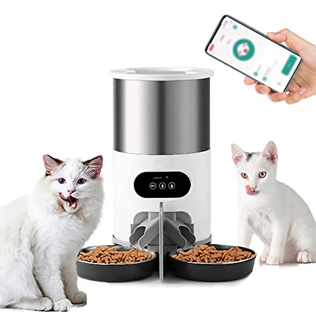 SLDPET Cat Feeder Automatic for 2 Cats 304 Stainless Steel Timed Cat Food Dispenser for Cats & Small Dog 4.5L with 2-Way Splitter with APP Control,10s Voice Recorder, Dual Power Supply