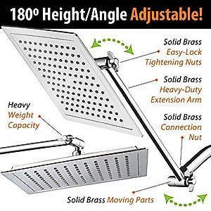 AquaSpa Giant 9-inch Diagonal Square Rain Shower Head PLUS 11-inch Solid Brass Angle Adjustable Extension Arm. 121 Jets with Rub-Clean Nozzles. Front and Back All-Chrome Finish. Sleek Square Design