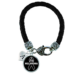 Holly Road Custom Melanoma Awareness Ribbon Black Leather Bracelet Gift Jewelry Choose Initial