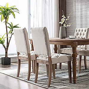 TRIPLE TREE High Back Dining Chairs Set of 2,Linen Fabric Accent Dining Chairs with Wooden Legs and Padded Seat,Upholstered Button Tufted Armless Chair Side Chair for Kitchen & Dining Room,Beige