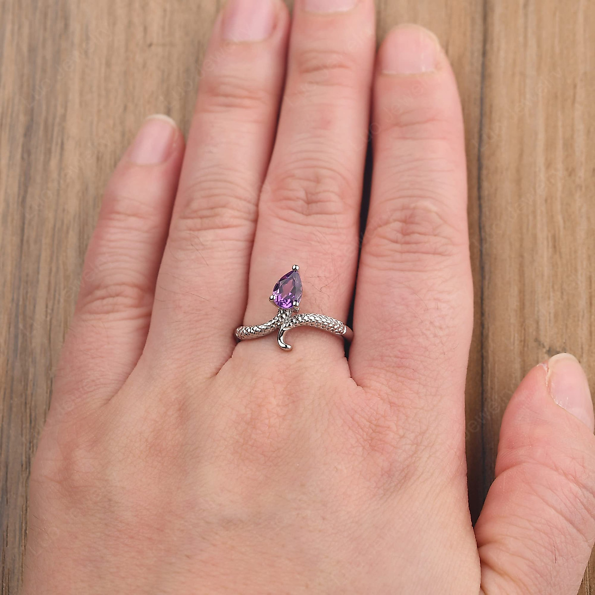 LUO S925 Sterling Silver Snake Ring Pear Shaped 7X5 MM Amethyst Ring Retro Animal Ring for Women US Size 4