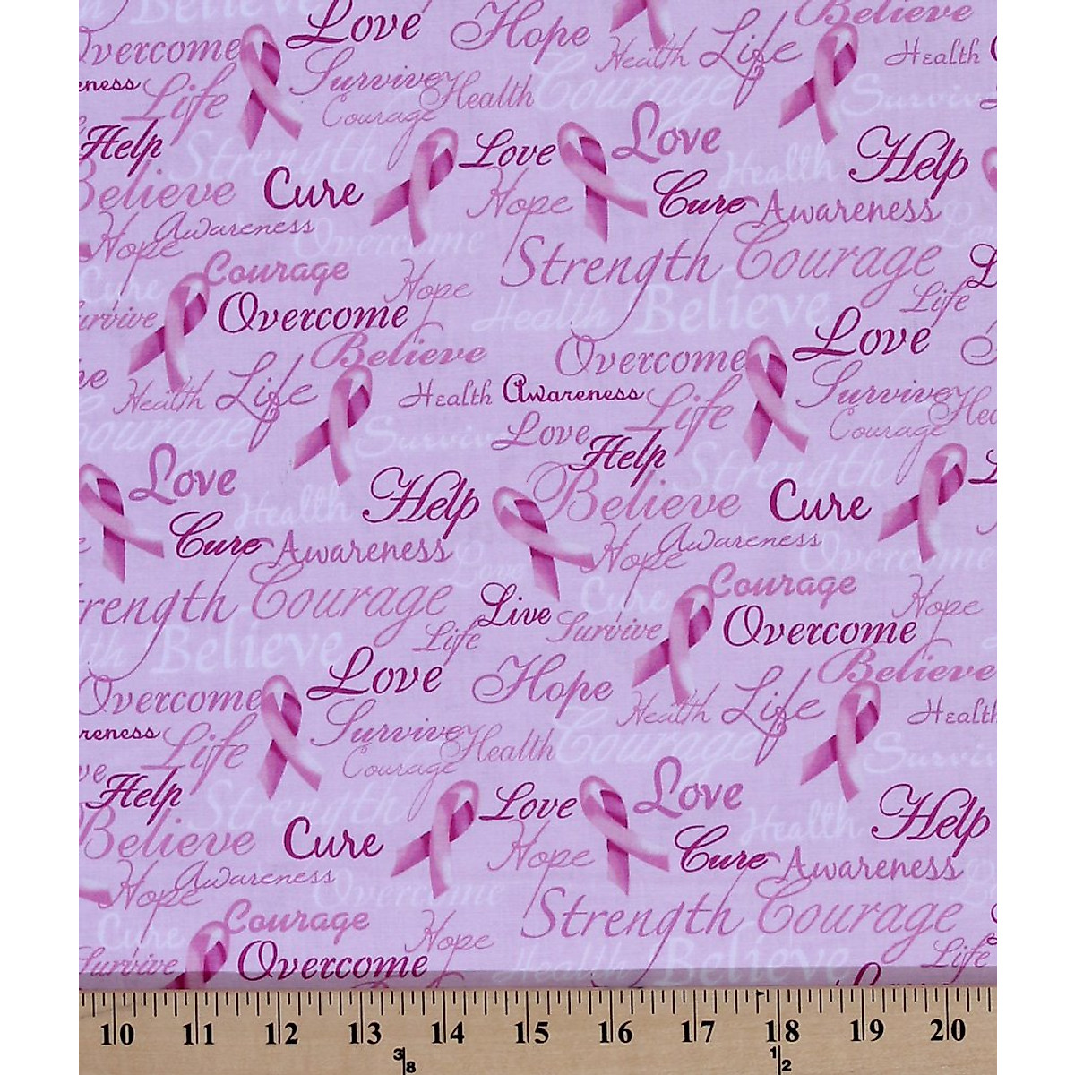 Cotton Pink Breast Cancer Words Calligraphy Bows Cotton Fabric Print by The Yard (D561.17)