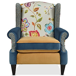 Jennifer Taylor Home Anya Eclectic Floral Patchwork Boho Chic Wingback Large Living Room Lounge Accent Arm Chair