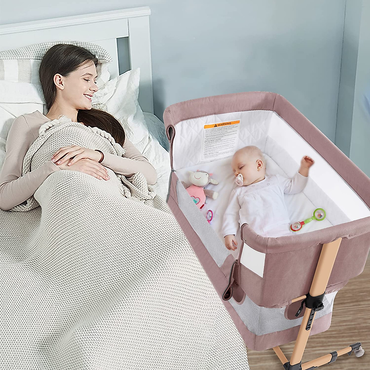 Lamberia Baby Bassinets Bedside Sleeper, Adjustable Bassinet for Baby with Wheels, Easy Folding Portable Crib for Baby, Khaki