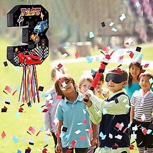 Race Car Number Pinata Girl Pull String Fast Pinata Small Racing Theme Pinata with Blindfold Stick Confetti for Boys Birthday Decorations Party Supplies (Number 3)
