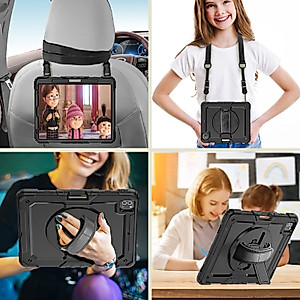 Herize Case Compatible with iPad Pro 12.9 inch 6th/5th/4th Generation with Screen Protector Pencil Holder | Full Body Shockproof Rugged Protective Rubber Case W/Stand Strap | Black