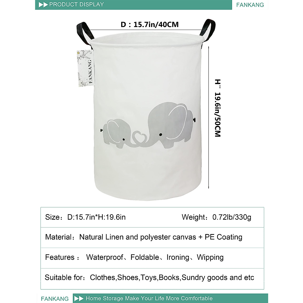 FANKANG Storage Basket, Nursery Hamper Canvas Laundry Basket Foldable with Waterproof PE Coating Large Storage Baskets for Kids Boys and Girls, Office, Bedroom, Clothes,Toys（Love Elephant）