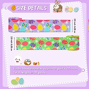 2 Rolls Easter Ribbon Easter Eggs Wired Edge Ribbon 2.5 Inch 20 Yards Lavender Easter Fabric Ribbons Green for Easter Wreath Decoration Wrapping Floral Bows