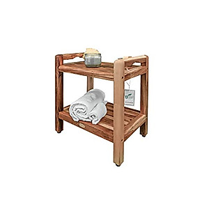 DecoTeak Earthy Teak Shower Stool Eleganto Natural Wood Seat Shower Bench with Storage Shelf and LiftAide Arms for Indoors and Outdoors - 14 inches Wide