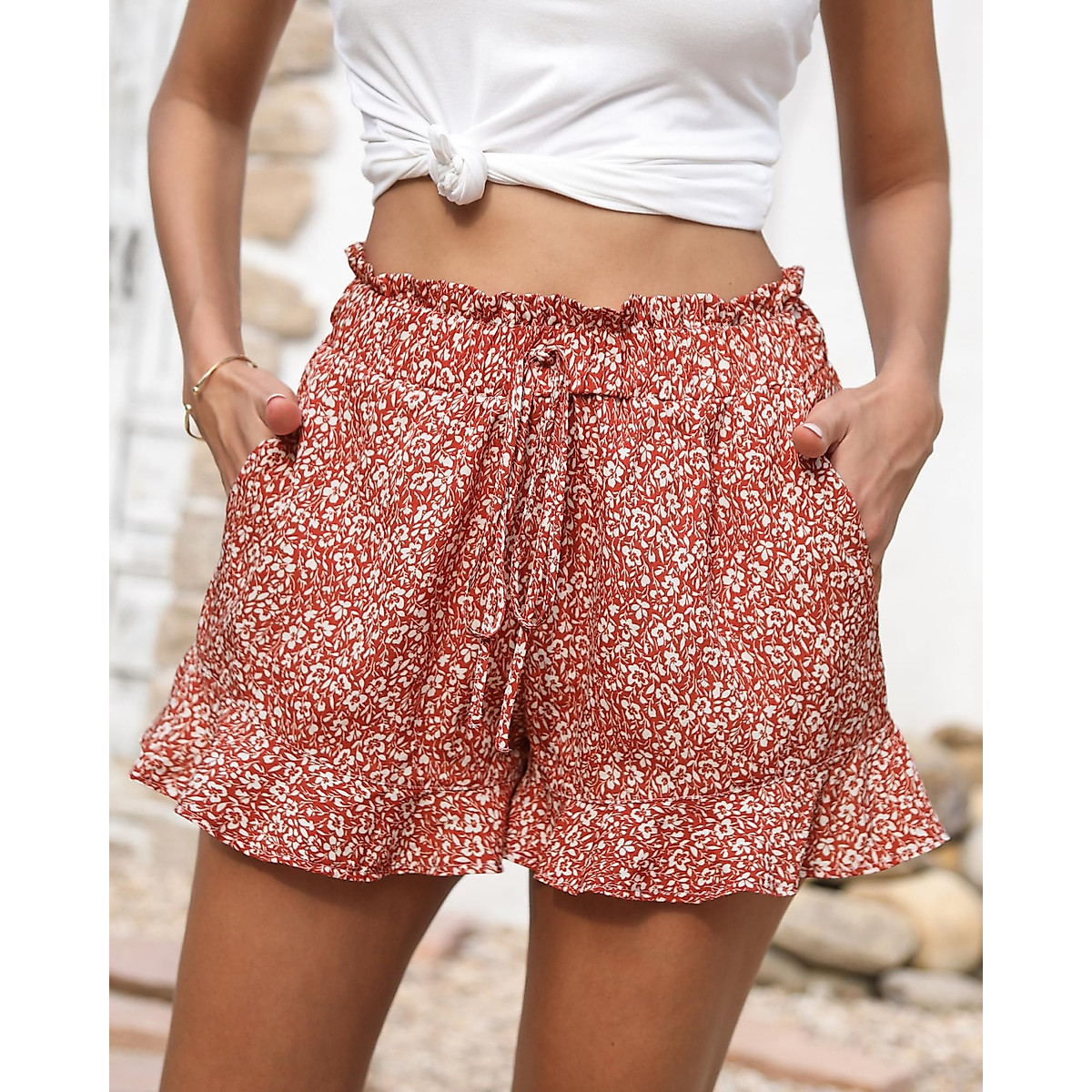 BTFBM Womens Casual Short Pants 2024 Resort Outfits Drawstring Lightweight Ruffle Elastic Waisted Summer Vacation Shorts(Floral Orange Red, X-Large)
