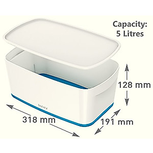 Leitz Small MyBox with Lid, Storage Box for Home and Office, High Gloss Plastic, 5 Litre, A5, White/Blue Metallic