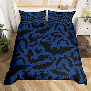 Castle Fairy Halloween Themed Bedding Set King Size for Woman Men,Black Bats Animal Print Comforter Cover with 2 Pillowcases,Dark Navy Blue Color Duvet Cover Set Microfiber Quilt Cover