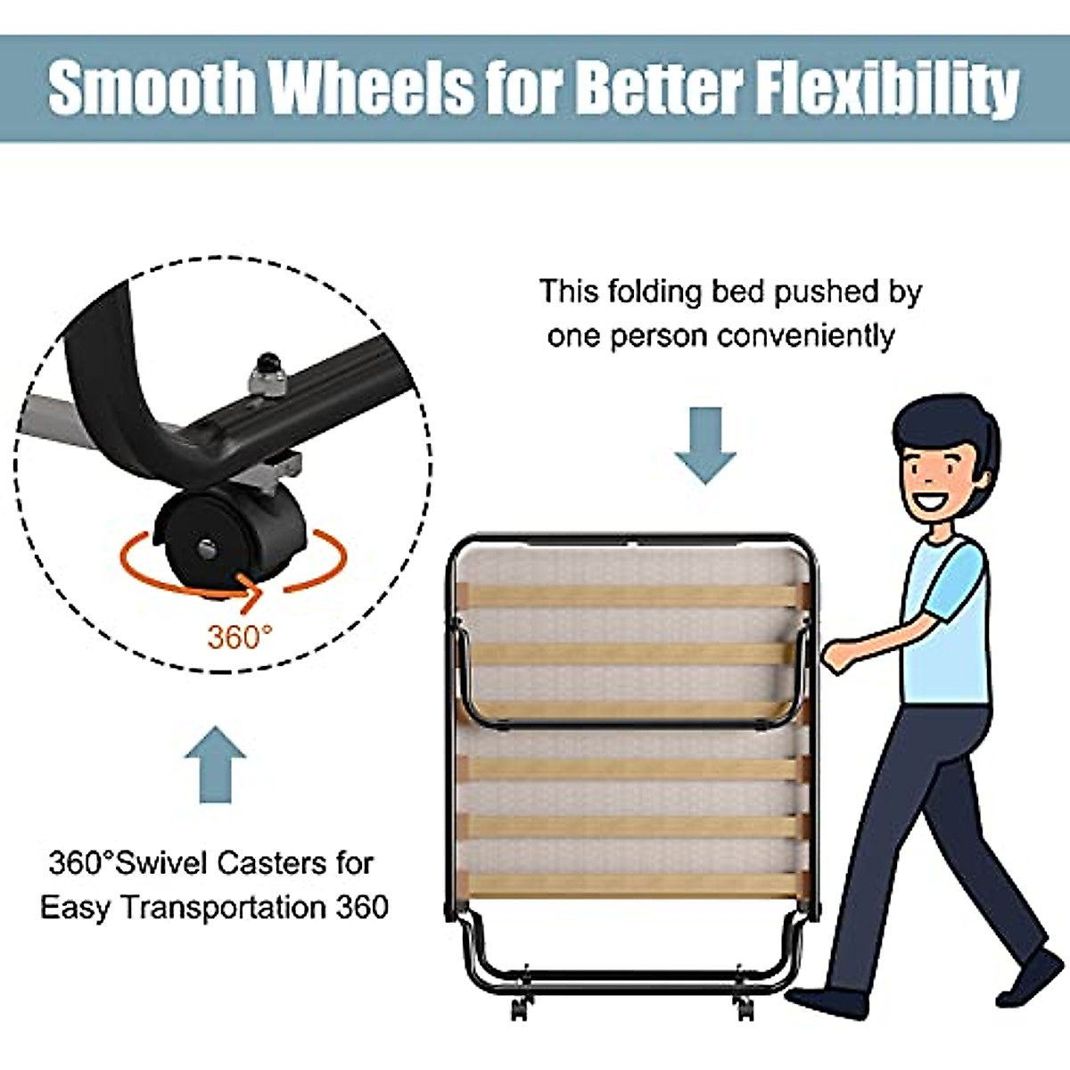 Giantex Folding Bed with 3" Mattress for Adults, Made in Italy, Rolling Foldaway Guest Bed, Memory Foam Mattress, Sturdy Metal Frame, Cot Size Portable Foldable Hideaway Bed, Easy to Store (Beige)