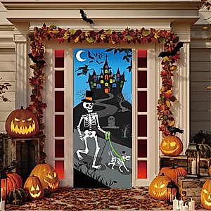 Halloween Door Cover Decorations Skeleton Door Cover Halloween Front Door Outdoor Indoor Covering Cartoon Backdrop Banner for Halloween Party,Birthday