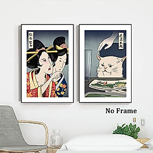 Woman Yelling at Cat Japanese Wall Art Japanese Anime Canvas Funny Women Posters Cute Woman and Cat Prints Japanese Geisha Painting Woman and Cat Artwork Funny Cat Pictures Decor 16x24inchx2 No Frame