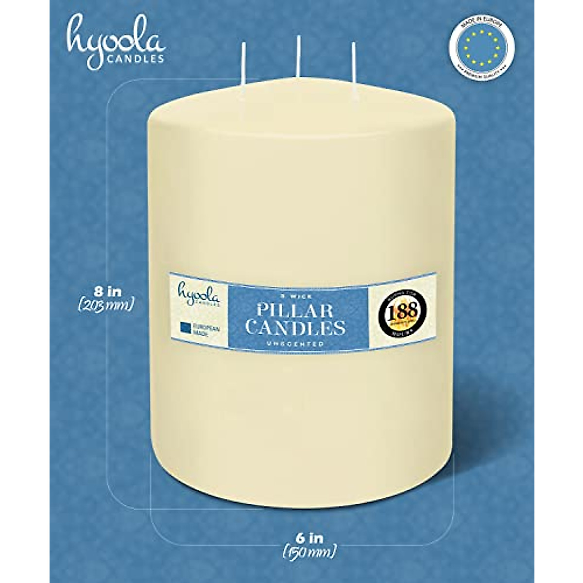 HYOOLA Ivory Three Wick Large Candle - 6 x 8 Inch - Unscented Big Pillar Candles - 188 Hour - European Made