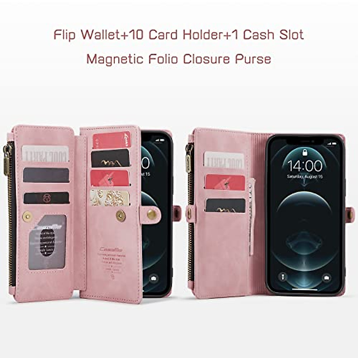 Defencase for iPhone 12 Pro Max Case Wallet for Women, Durable PU Leather Magnetic Flip Lanyard Strap Wristlet Zipper Card Holder Phone Cases, Rose Pink
