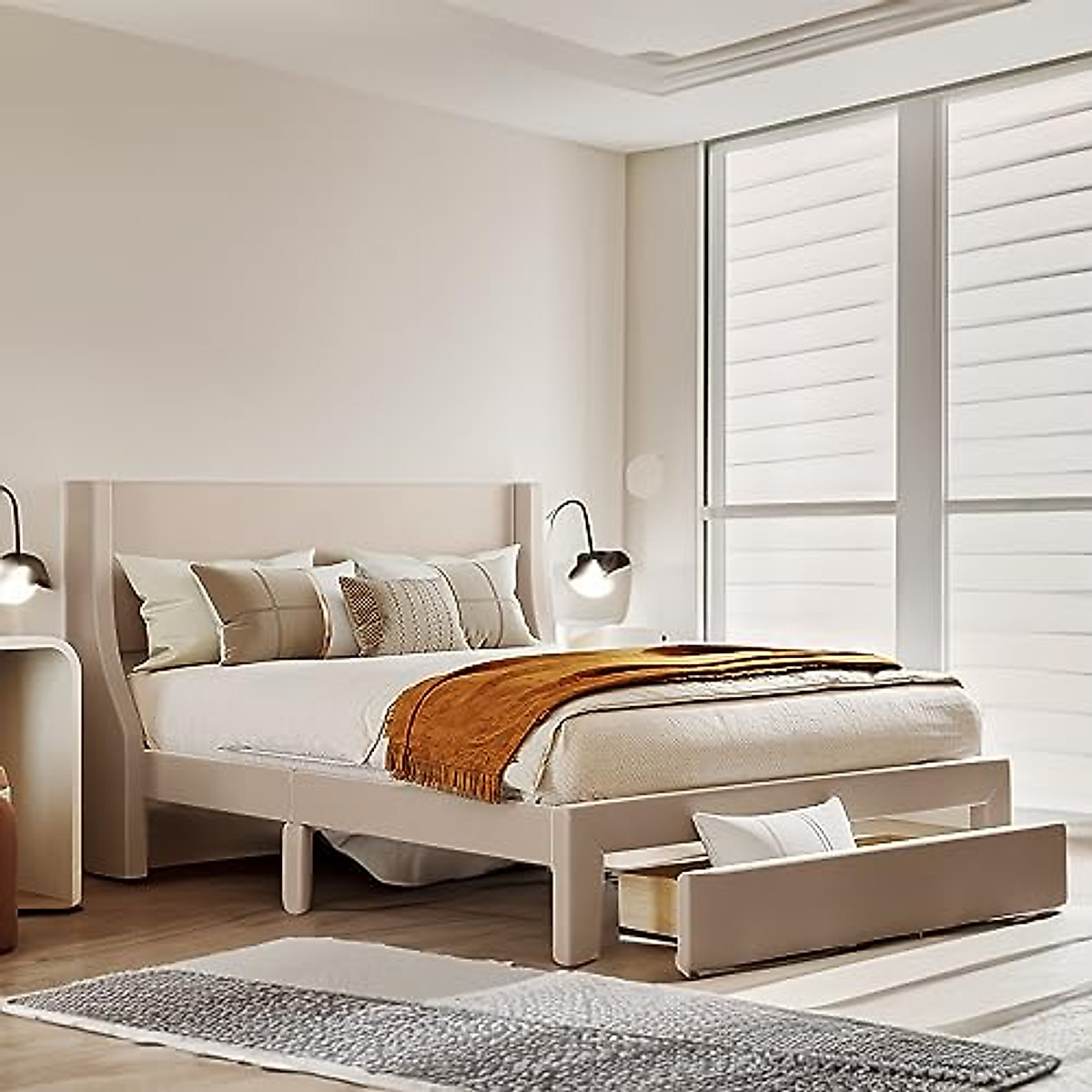 Queen Size Velvet Platform Bed Frame with Headboard, Upholstered Platform Bed Frame with Storage Drawer, No Box Spring Needed, Sturdy Wood Slat Support for Bedroom Boys Girls Teens Room (Queen, Beige)