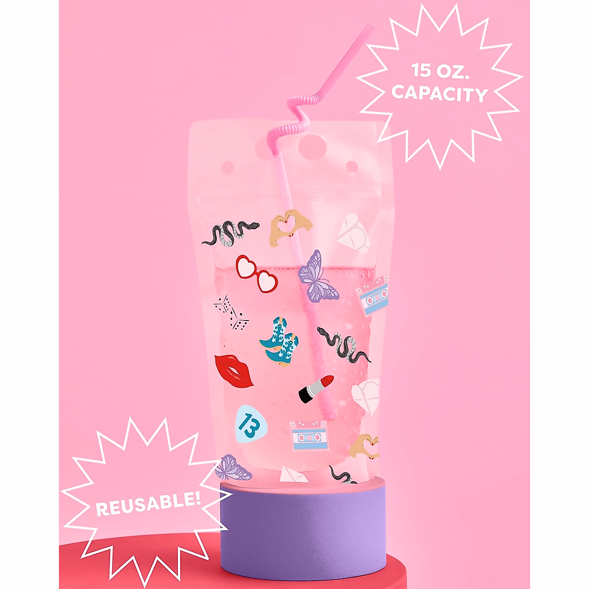 xo, Fetti Eras Party Clear Drink Pouches - 15 pcs | Concert Party Sippers, Bachelorette Decorations, Birthday Drinkware, Bridesmaid Supplies