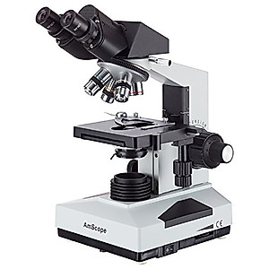 AmScope B490 Compound Binocular Microscope, WF10x Eyepieces, 40X-1000X Magnification, Brightfield, Halogen Illumination, Abbe Condenser, Double-Layer Mechanical Stage, Sliding Head, High-Resolution Optics, Anti-Mold