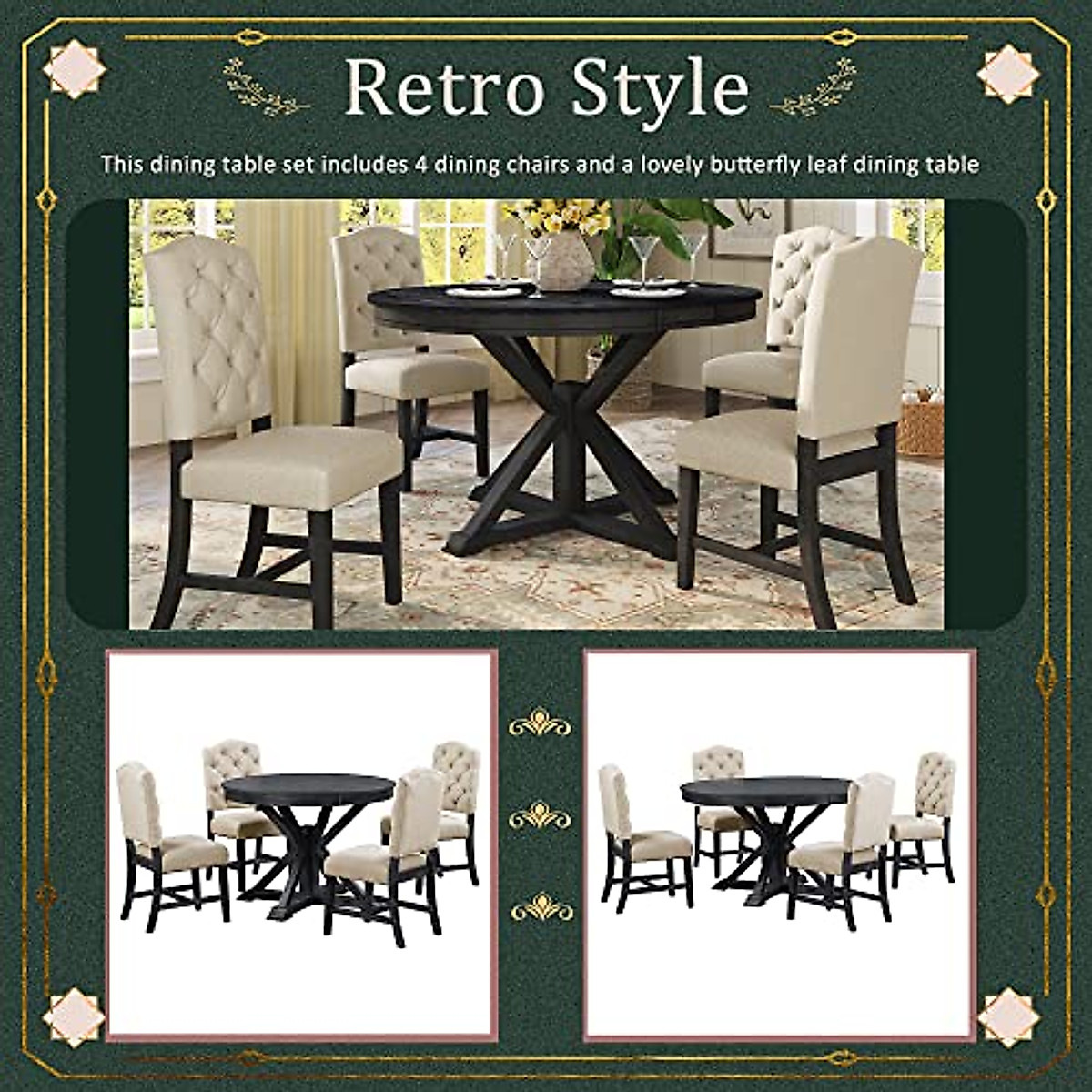 WOZNLA 5-Piece Retro Style Extendable Round Dining Table Set - Includes 4 Upholstered Chairs for Stylish and Practical Dining