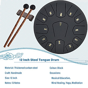 Steel Tongue Drum,12 Inch 13 Note Tank drum percussion instrument,C Key Handpan Drum with Drum Mallets Carry Bag,Beautifully Designed and Peaceful Sound