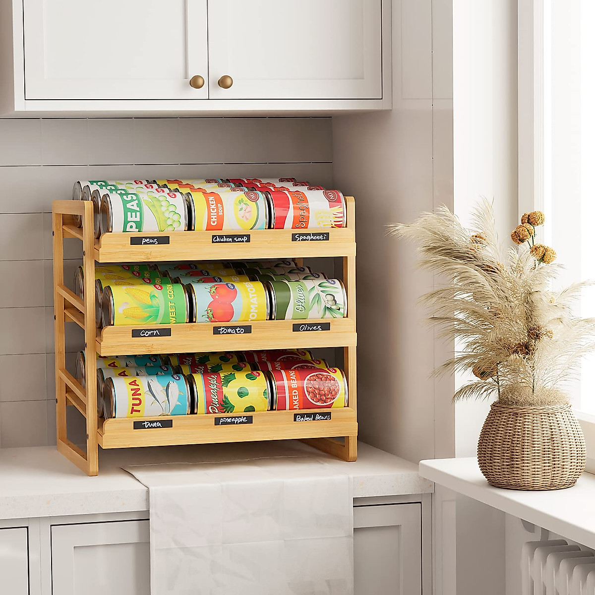 Yumkfoi Bamboo Can Rack Organizer, 3 Tier Stackable Can Storage Rack with Label Sticker and Marker Pen, Can Holder Storage Organizer for Kitchen Cabinet or Pantry (Natural Bamboo)