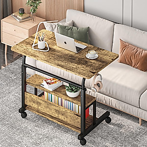 Autex Portable Desk with Storage Shelves, Height Adjustable Desk with Wheels, Small Rolling Desk with Hooks, Standing Desk on Wheels for Home Office, Mobile Computer Table for Small Space