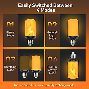 Vicstone Upgraded LED Flame Light Bulbs, 4-Mode Flickering Light Bulbs with Upside Down Effect, E26 27 Fire Light Bulb for Porch Party Patio Home Halloween Christmas Indoor Outdoor, 2 Pack