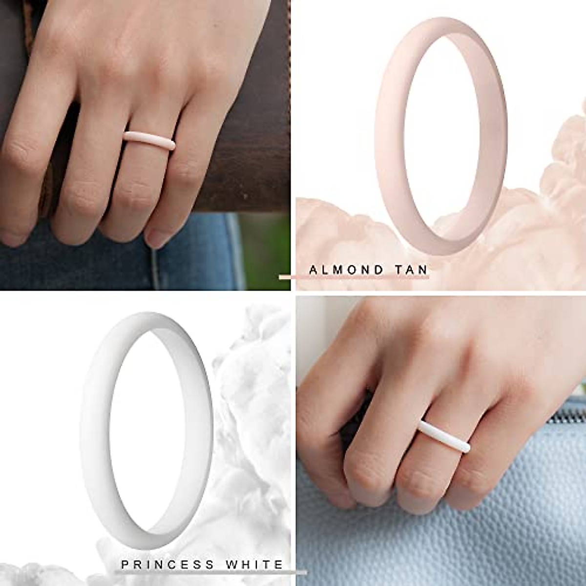 ThunderFit Silicone Womenís Band Rings, Thin Stackable 2.5mm Width - 1.8mm Thick (AW-Pink Sand, AW-Black, AW-White, AW-Fog, AW-Stone - Size 6.5-7 (17.3mm))