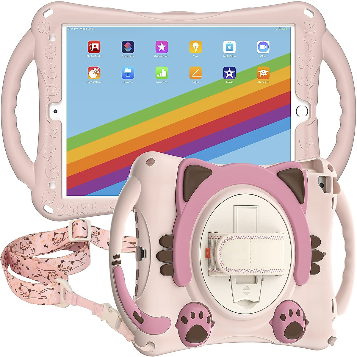 KIQ Cat Shield Case for iPad 9th Generation Case for Kids, Heavy Duty Cute ipad 10.2 case for Kids 7th 8th Gen w/Stand Shoulder Strap - Pink