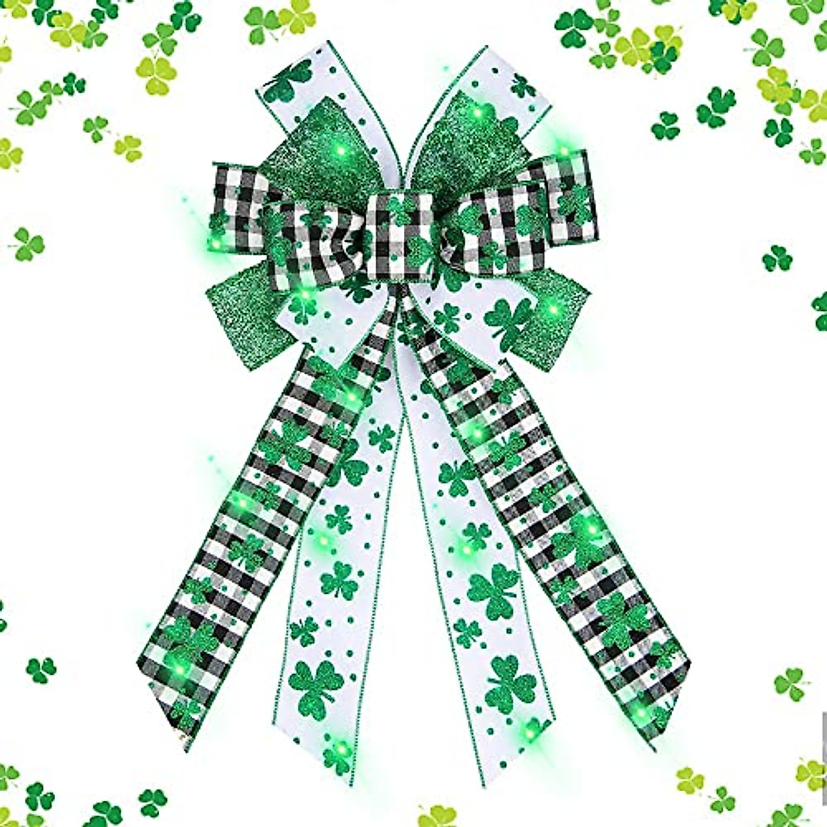 Saint Patrick's Wreath Bows St. Patrick Bows with Mini LED Glitter White Clover Plaid Burlap Bow for Wreaths, St Patrick's Day Ribbon Bows Tree Topper Bows for Indoor Outdoor Decoration Supplies