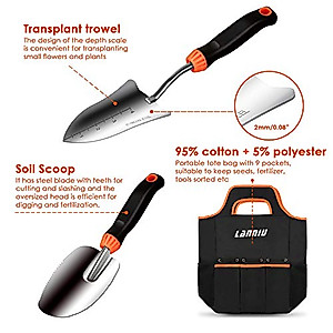 LANNIU Garden Tool Set, 9 Piece Stainless Steel Heavy Duty Gardening Tool Set, with Non-Slip Rubber Grip, Storage Pocket, Ideal Garden Tool Kit Gift for Women/Parent