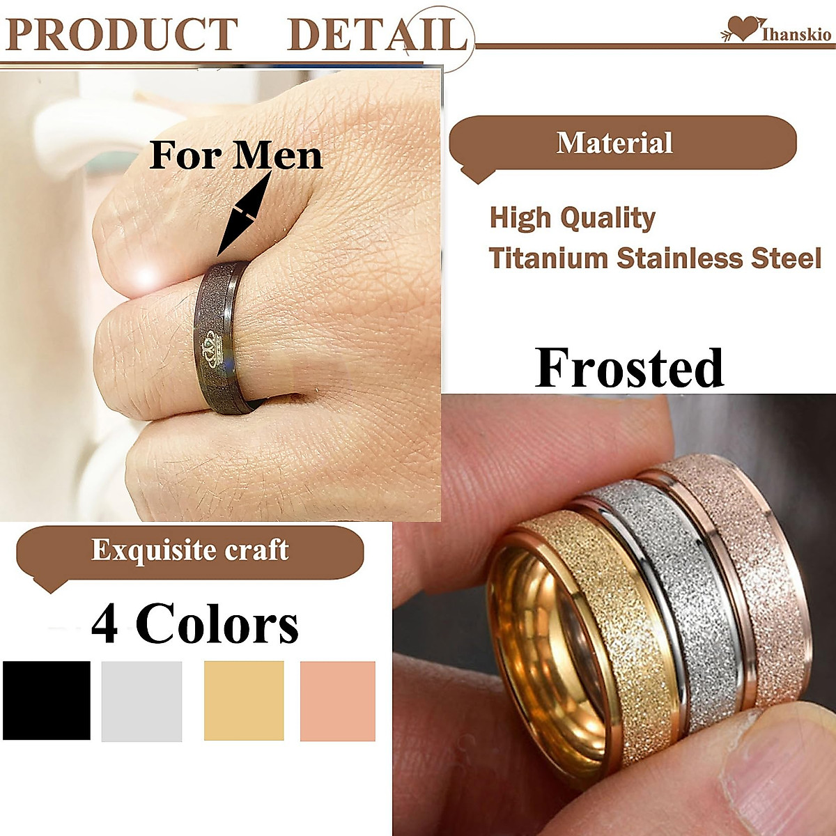 Customize Matching Frosted Promsie Couple Rings Black Rose Gold Engraved Matte Engagement Wedding Bands Anniversary Crown Elk Sun Heart Love Crown Personalized 6mm Stainless Steel