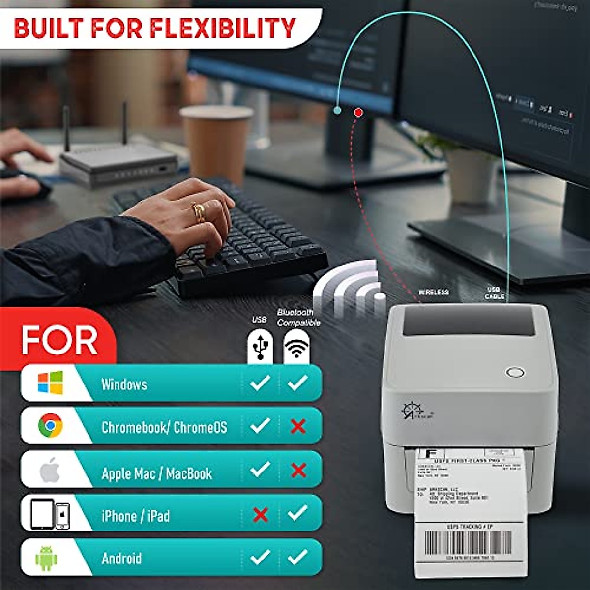 Arkscan 2054K-BT for Bluetooth Wireless Shipping Label Printer on iPhone Windows Mac Chromebook Android Support Amazon Ebay Paypal Shopify Shipstation UPS USPS FedEx Fanfold Direct Label