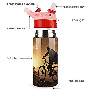 Stainless Steel Water Bottles Mountain Bike in The Evening Travel Water Cups with Handle And Silicone Straw Drinking Cup with Leak Proof Lid Thermo Travel Mug for Women Men